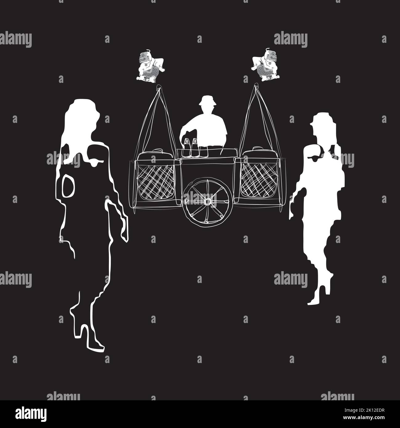 Hand drawn illustration of a Dawet Ayu seller in Indonesia. Dawet Ayu is a traditional drink ...