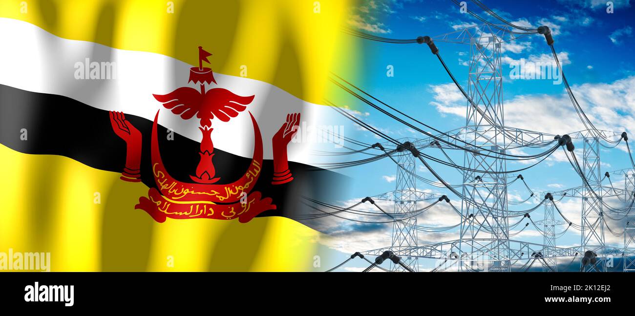 Brunei - country flag and electricity pylons - 3D illustration Stock ...