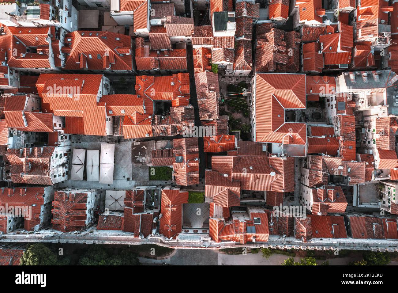 Aerial view of old downtown Split, Croatia.Top-down drone view of the ...