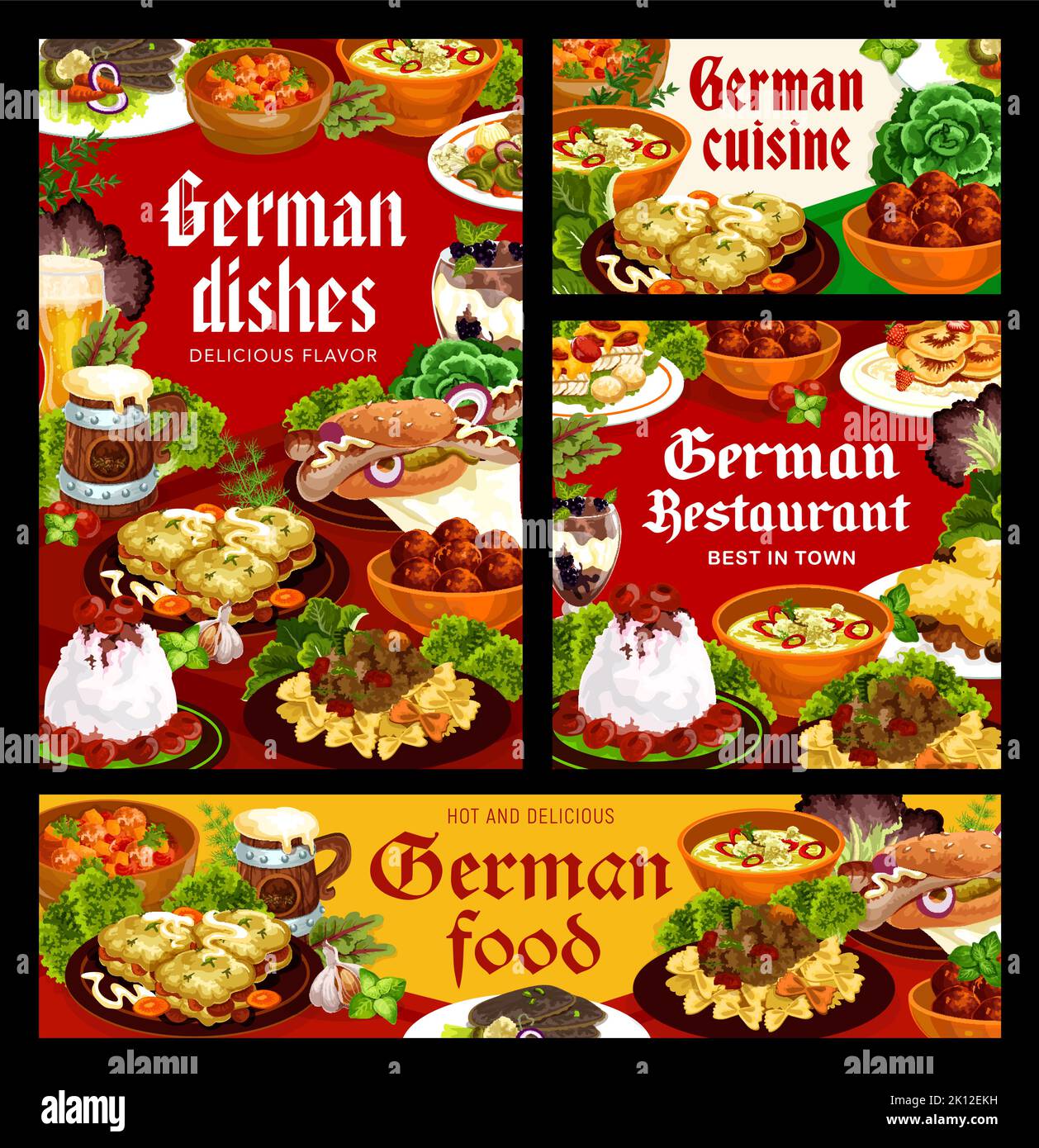 German cuisine food dishes and meals, restaurant menu vector posters ...