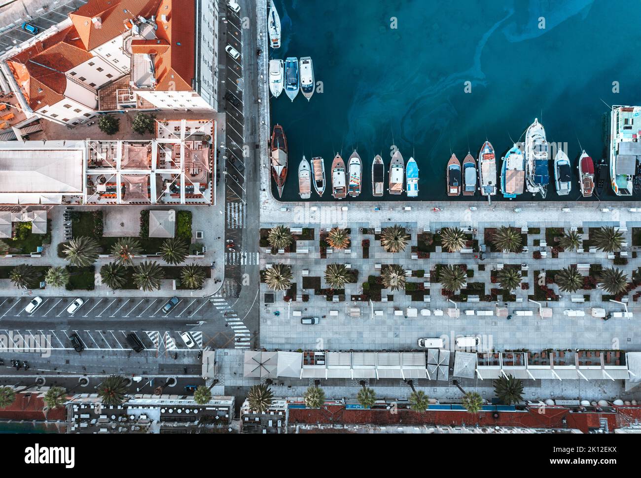 Aerial view of old downtown Split, Croatia.Top-down drone view of the ...