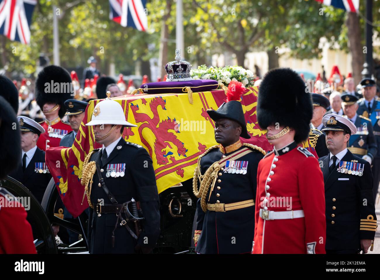 The coffin carrying Queen Elizabeth II photographed along The Mall ...