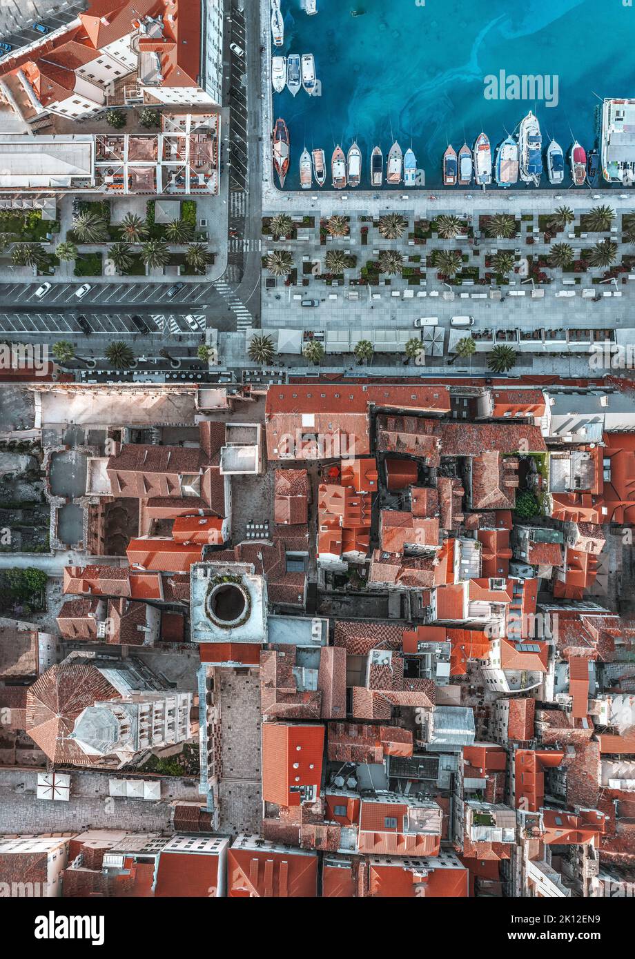 Aerial view of old downtown Split, Croatia.Top-down drone view of the ...