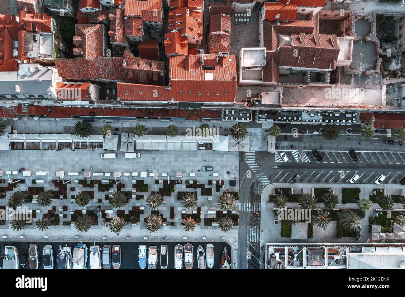 Aerial view of old downtown Split, Croatia.Top-down drone view of the ...