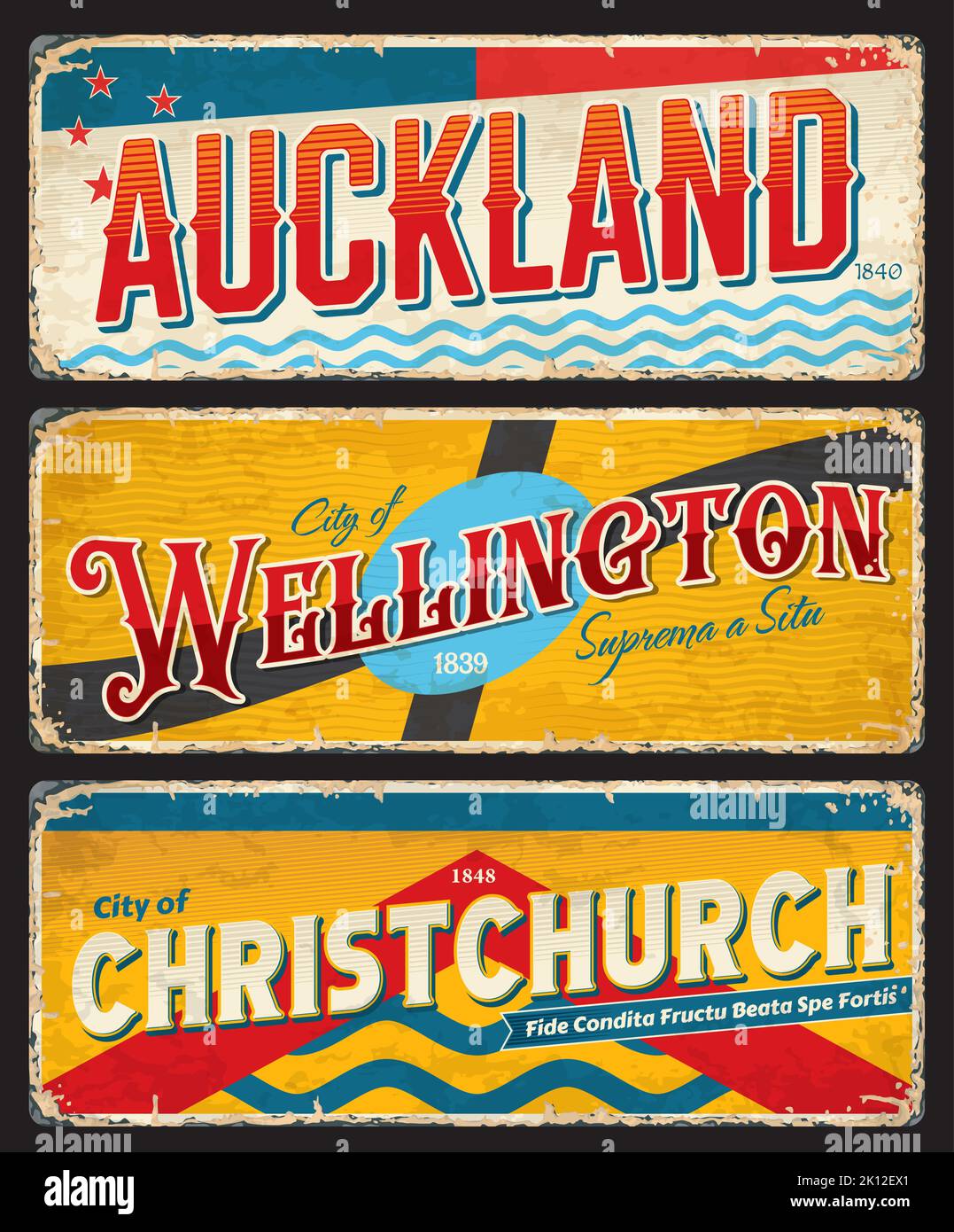 Auckland, Christchurch, Wellington, New Zealand travel stickers, vector ...