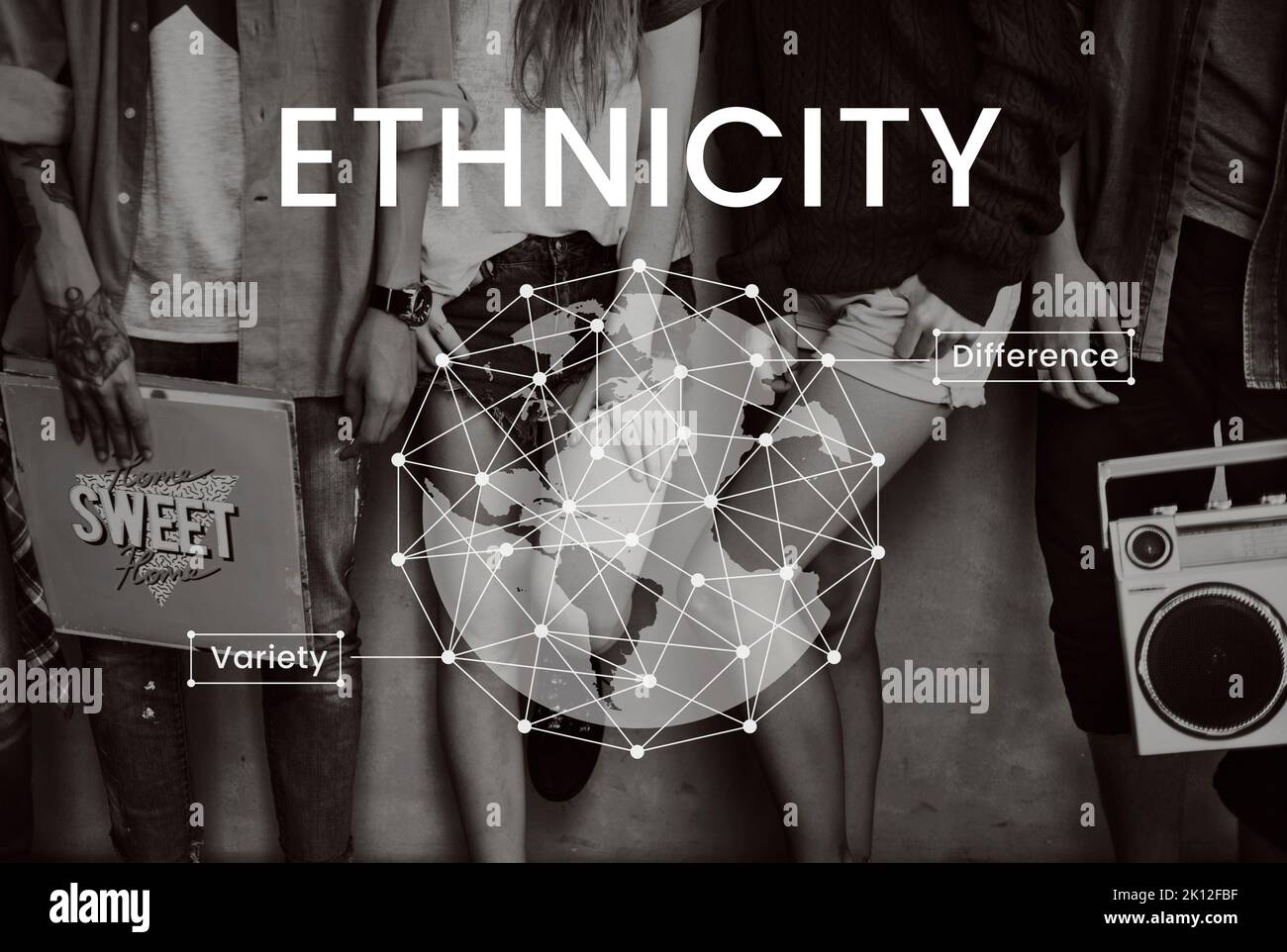 People standing beside wall network graphic with the word ETHNICITY ...