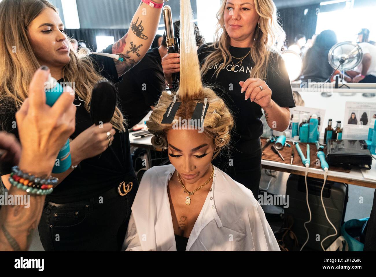 New York, NY - September 14, 2022: Model preparing backstage for Spring ...
