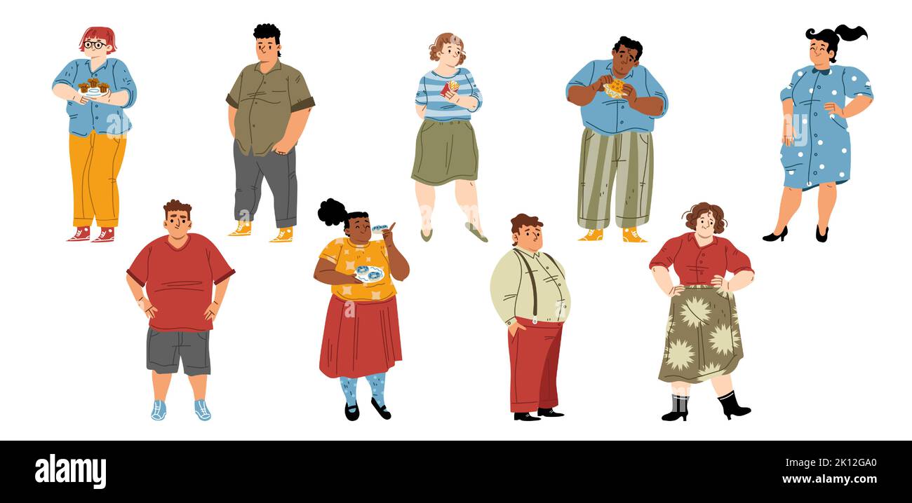 Set of fat people, body positive, unhealthy eating, bad habits concept ...