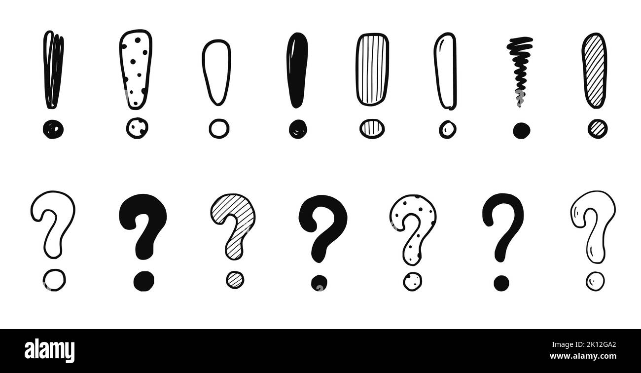 Doodle exclamation point and question sign mark set. Hand drawn sketch ...
