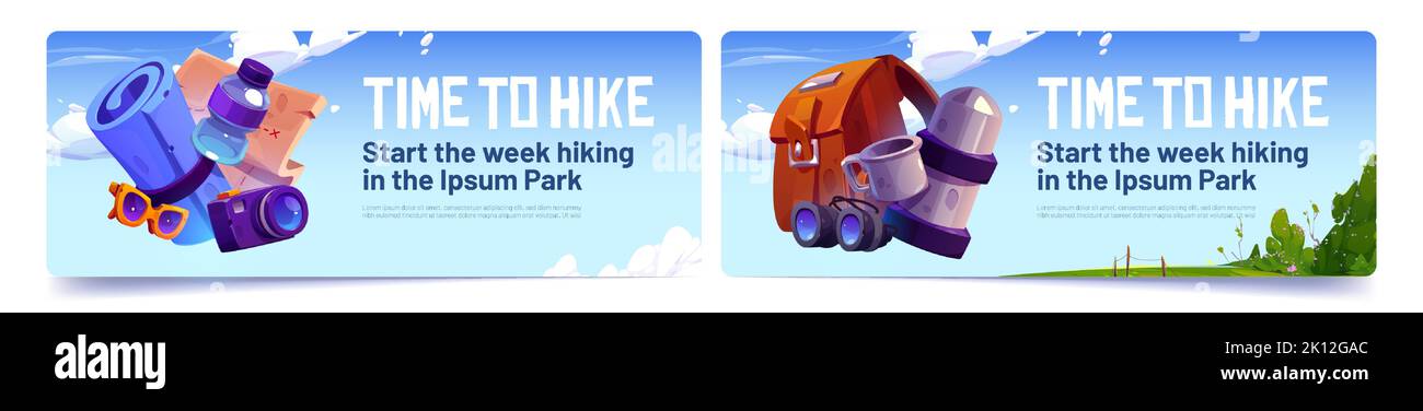 Time to hike banners, hiking camping adventure concept with tourist ...