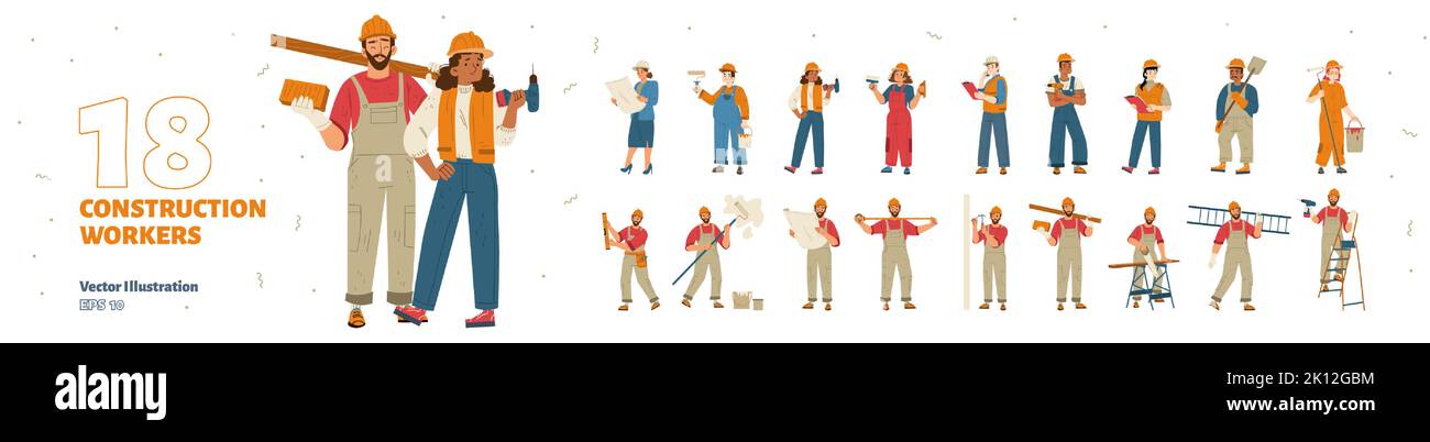 Construction workers set, repair service employees, builders, repairmen and renovation foremen ...