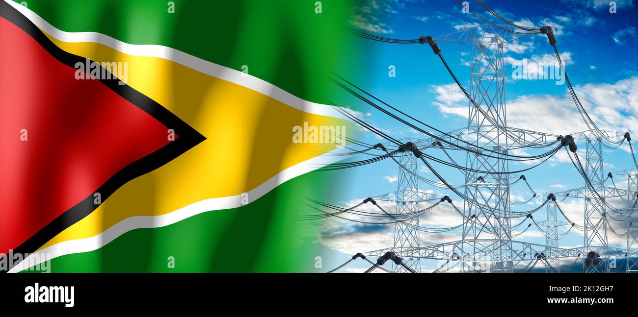 Guyana - country flag and electricity pylons - 3D illustration Stock ...