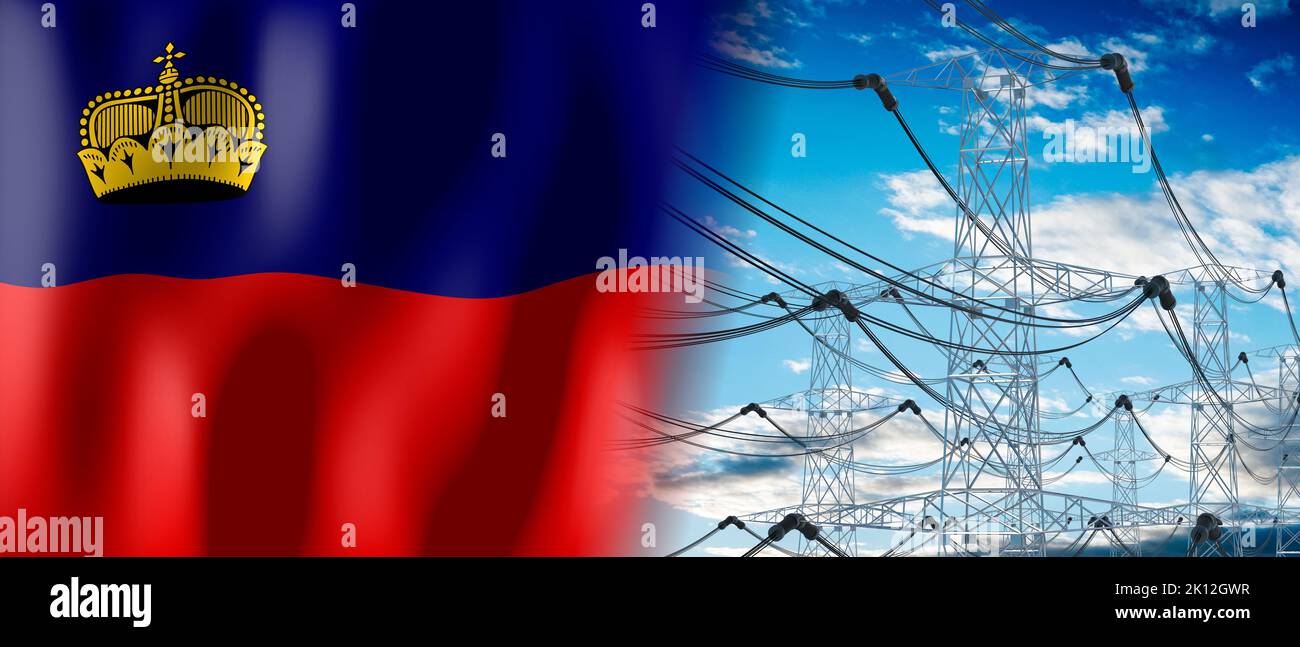 Liechtenstein - country flag and electricity pylons - 3D illustration ...