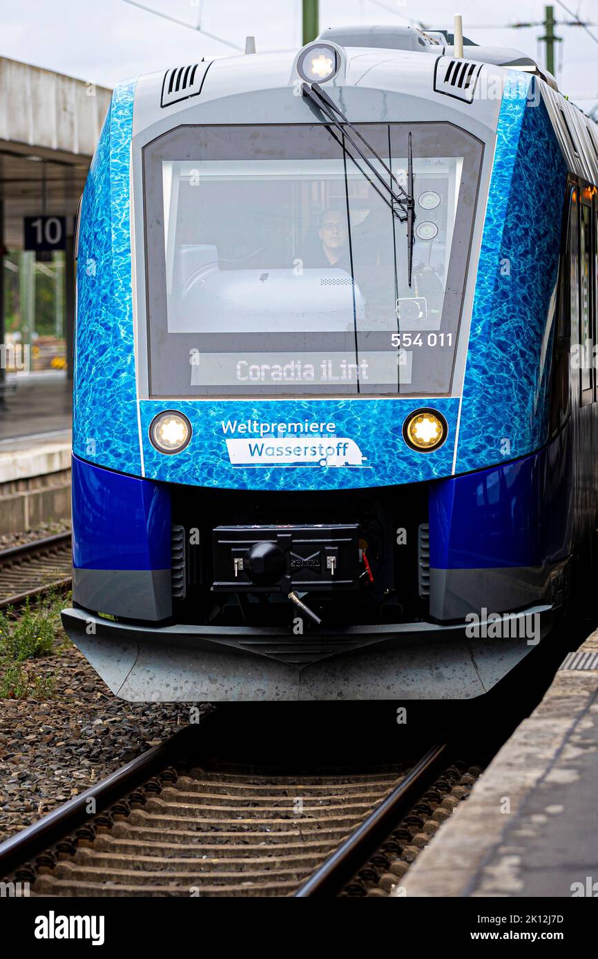 15 September 2022, Lower Saxony, Hanover: A hydrogen train (model "Coradia iLint") pulls into ...