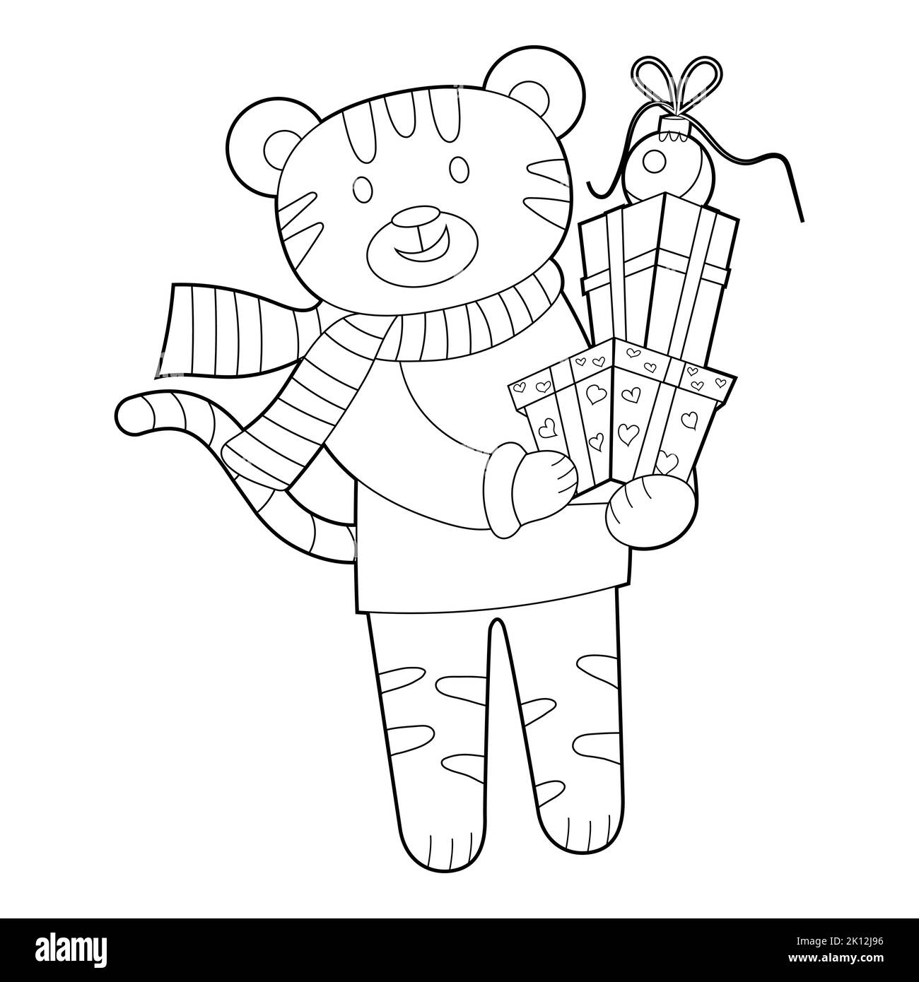 Coloring book for kids, cartoon tiger holding boxes with gifts. Vector ...