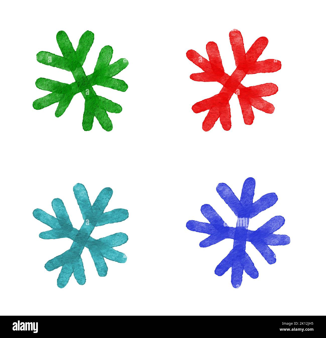 Watercolor hand drawn illustration of red green blue snowflake, cute ...