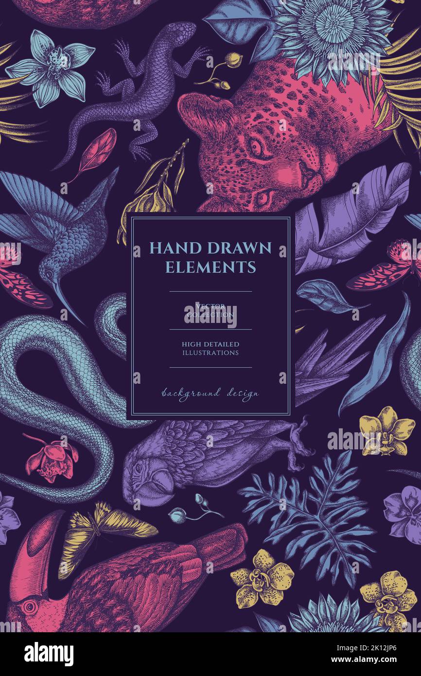 Tropical animals pattern card design. Hand drawn leopard, snake, lizard ...