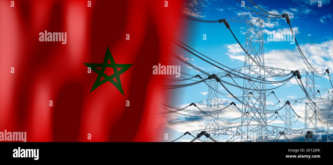 Morocco - country flag and electricity pylons - 3D illustration Stock ...