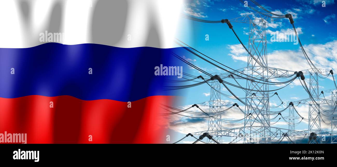 Russia - country flag and electricity pylons - 3D illustration Stock ...