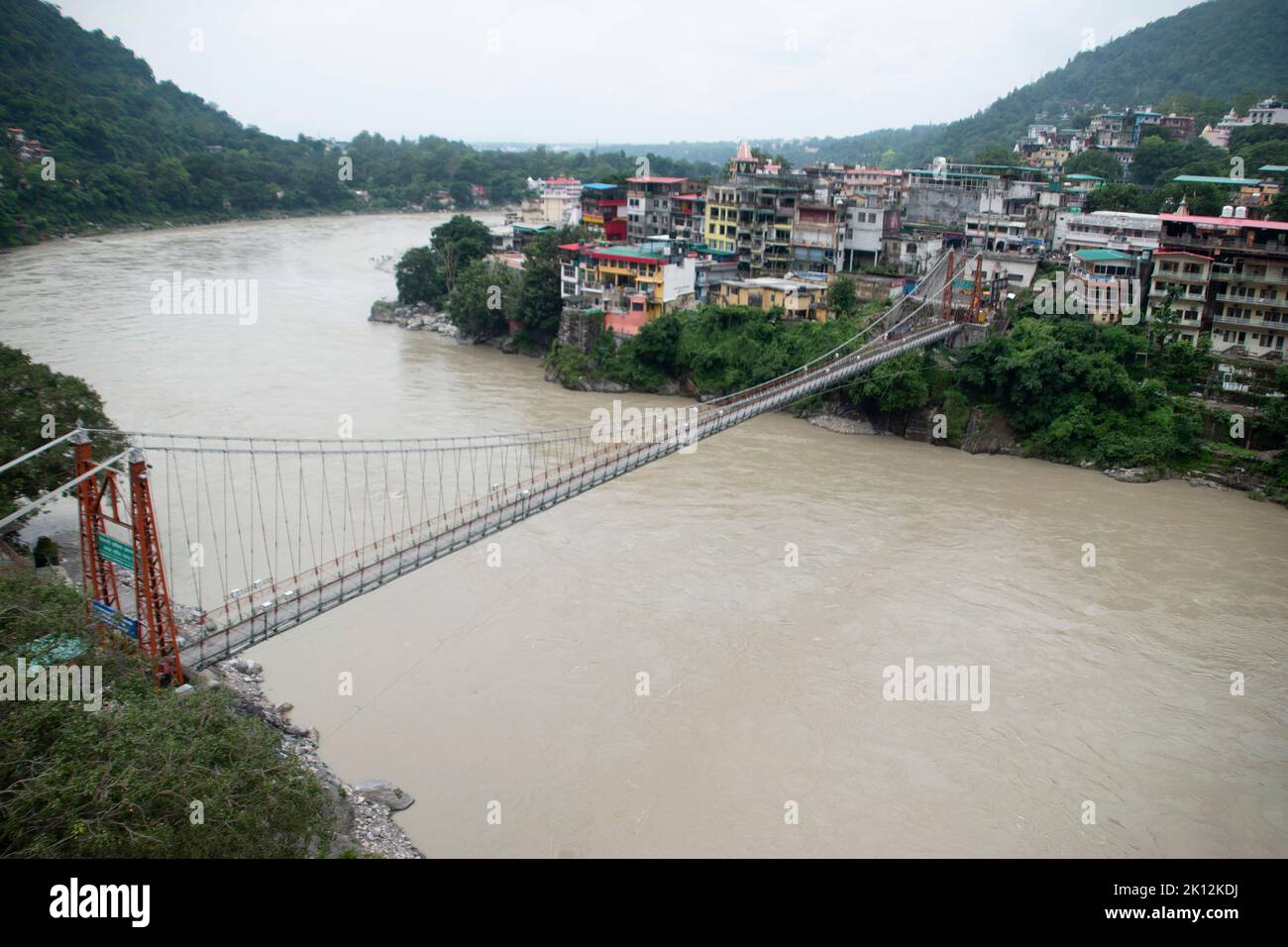 Lakshman Jhula a suspension bridge across the river Ganges. Bridge ...