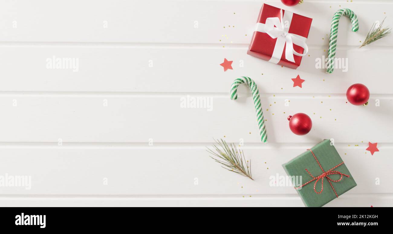 Image of christmas gifts with christmas decoration and copy space on ...