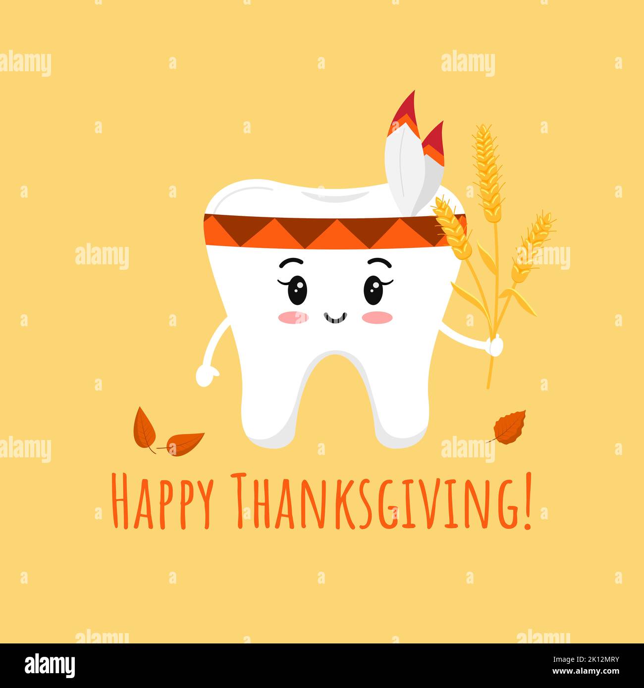 Thanksgiving cute tooth girl in indian headband with feather and wheat ...