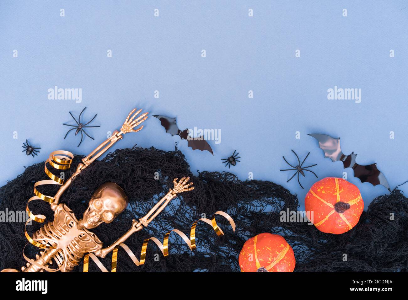 Minimal style Halloween composition with black cobweb, spiders ...