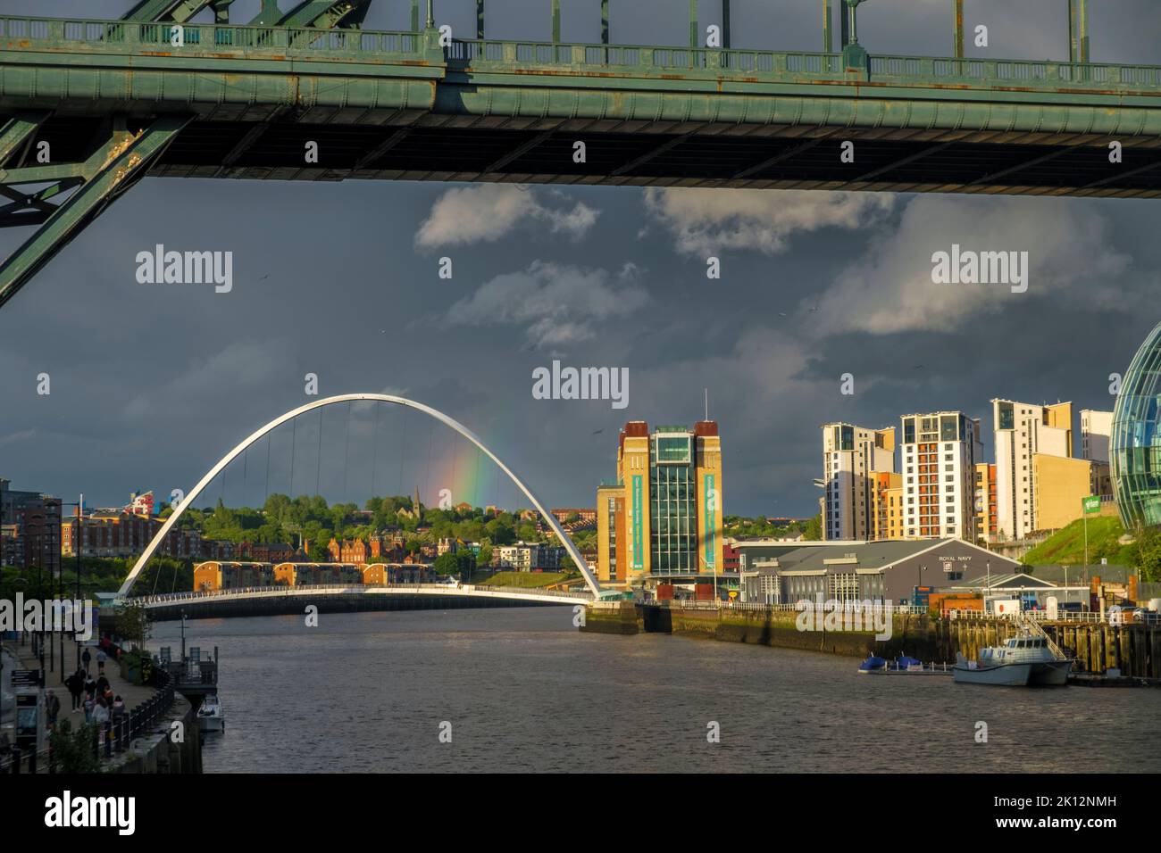 Tyne Bridge and Sage Centre in Newcastle on a stormy spring evening ...