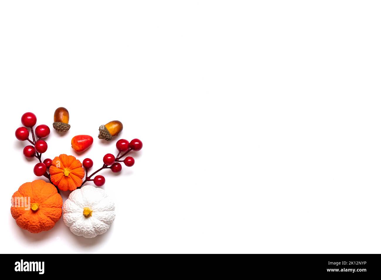 Autumn bouquet of acorns, berries, maple leaves, pumpkins isolated on white background Flat lay ...