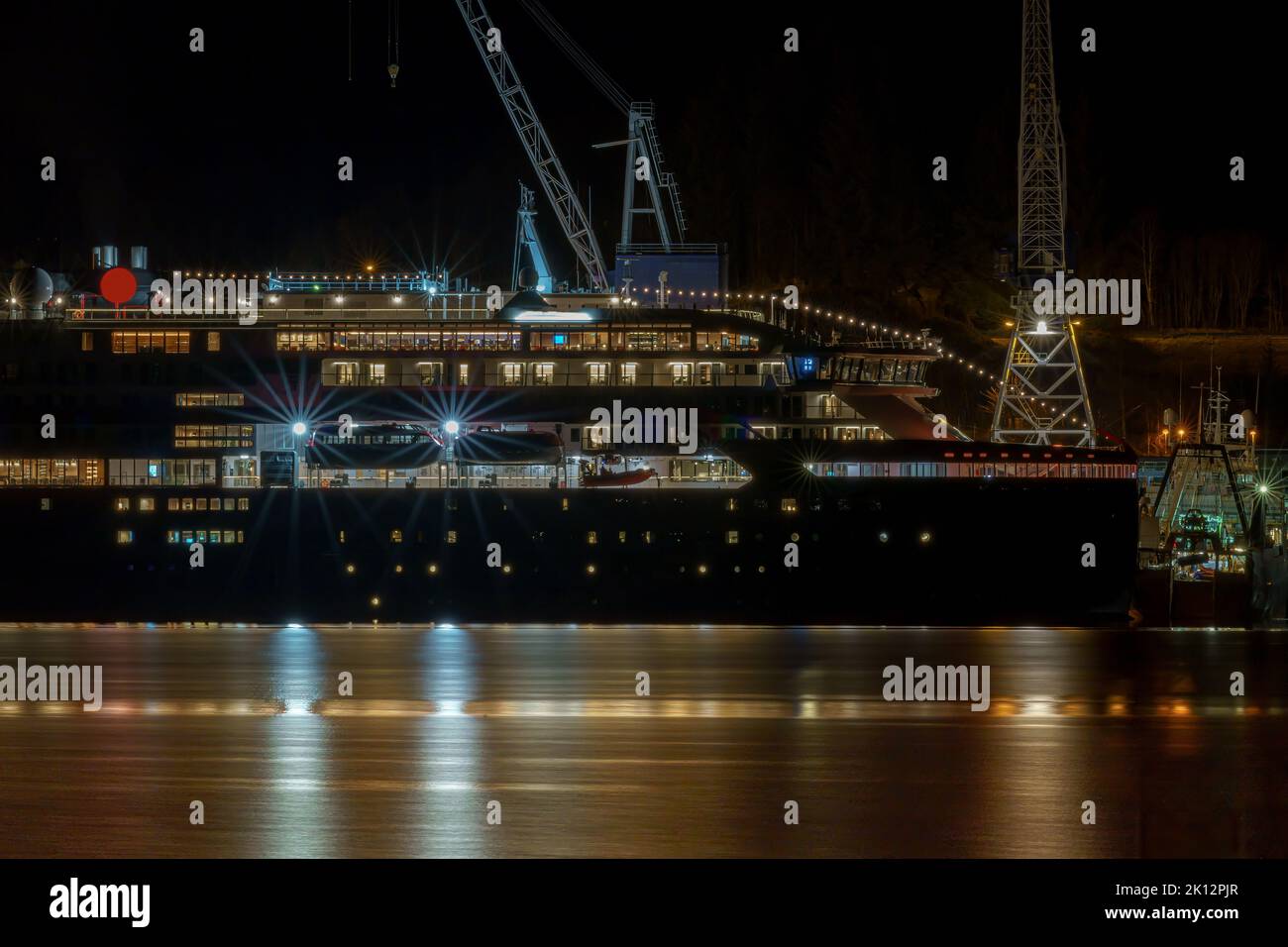 Fridtjof Nansen explore vessel at night at Kleven Yard Stock Photo - Alamy