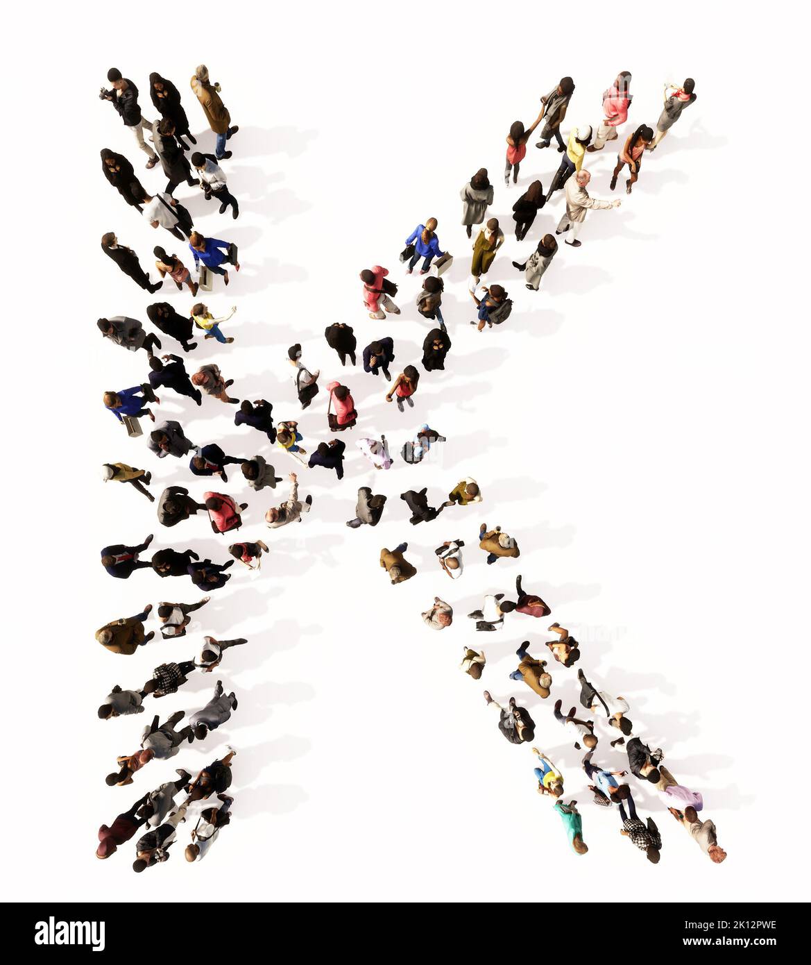 Concept or conceptual large community of people forming the font K. 3d ...
