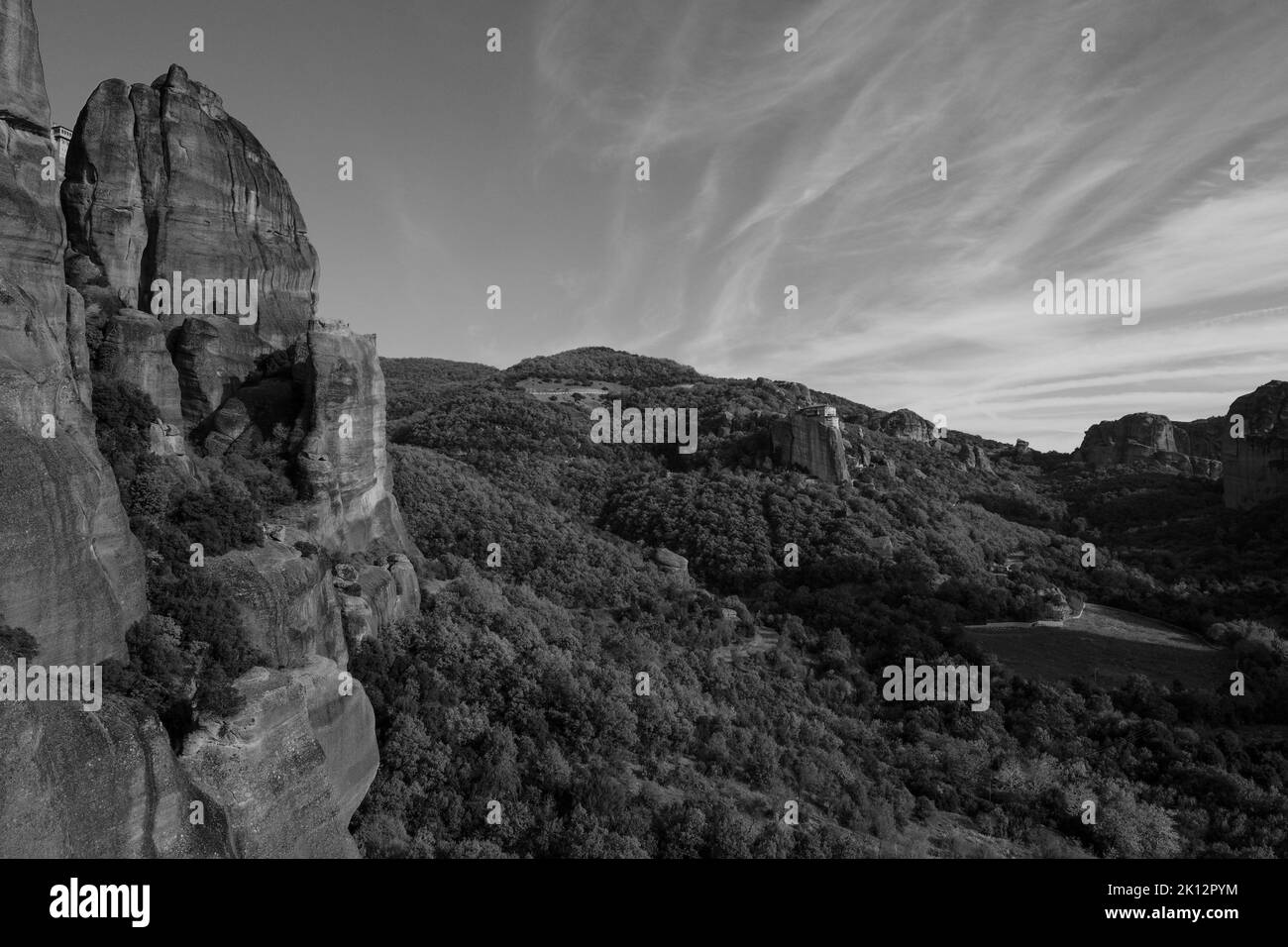 Panorama meteora rock monastery Black and White Stock Photos & Images ...