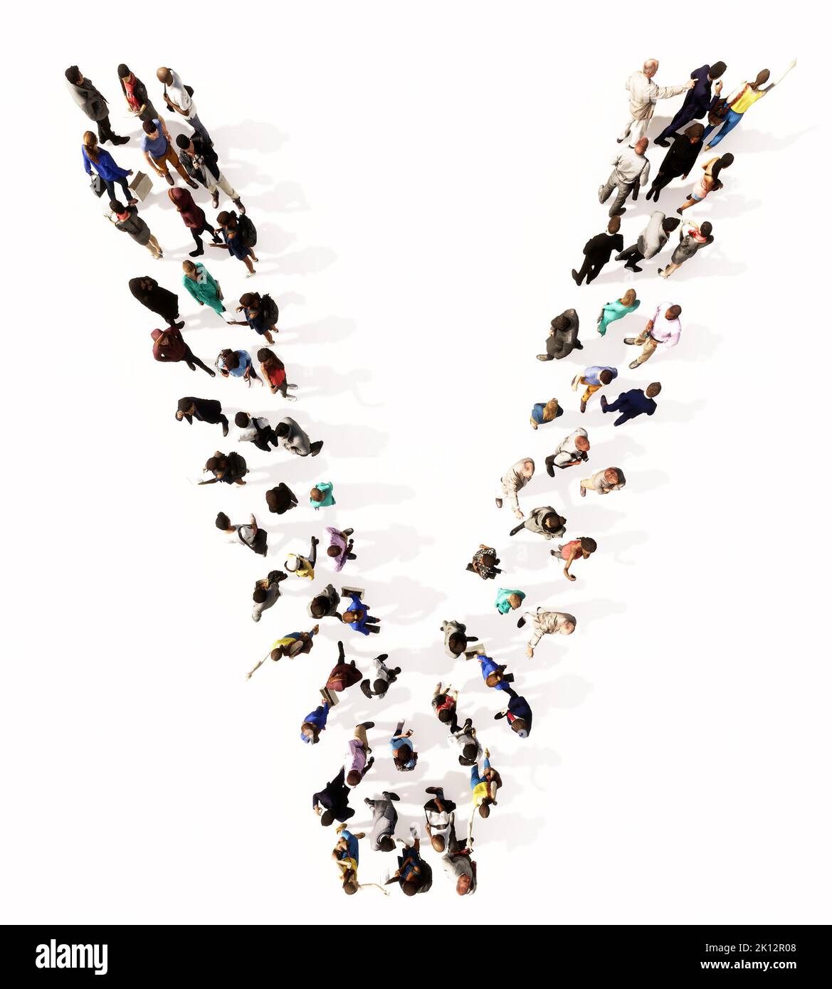 Concept or conceptual large community of people forming the font V. 3d ...