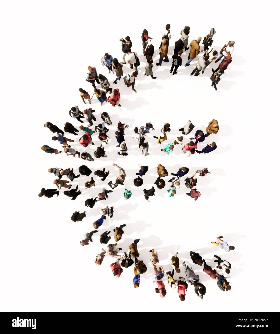 Concept or conceptual large community of people forming the euro font ...