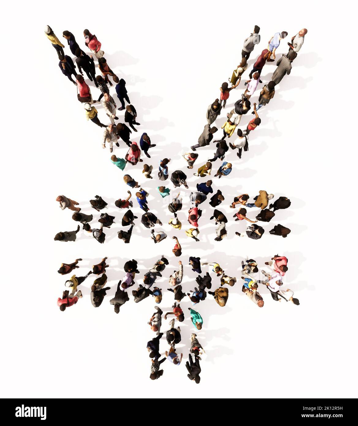 Concept or conceptual large community of people forming the ¥ font. 3d ...