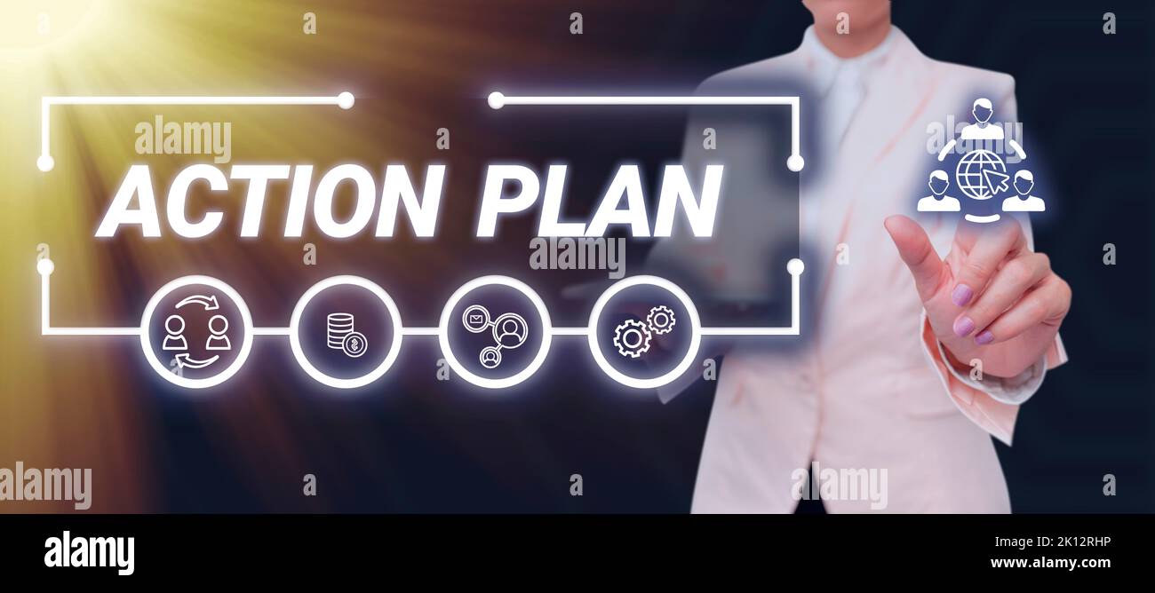 Sign displaying Action Plan. Word for list of things or schedule to be ...