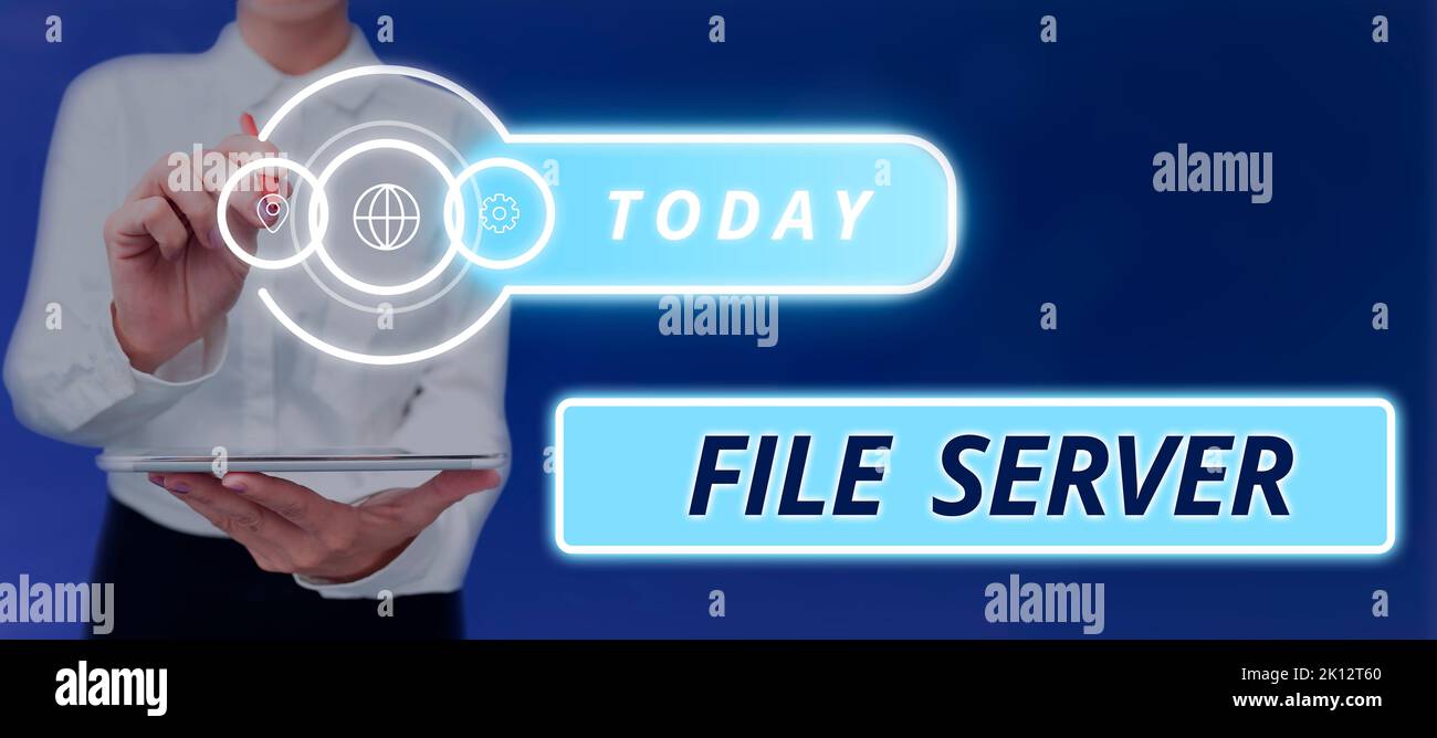 Text caption presenting File Server. Concept meaning device which ... Text caption presenting File Server. Concept meaning device which ...