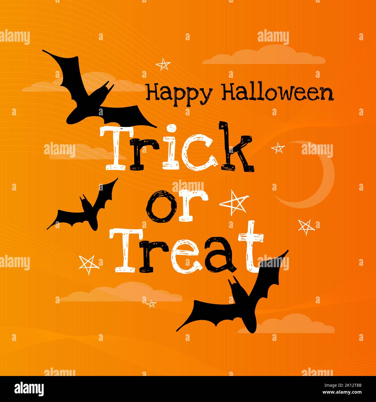 text Trick or Treat and Happy Halloween young moon in the sky bats and ...