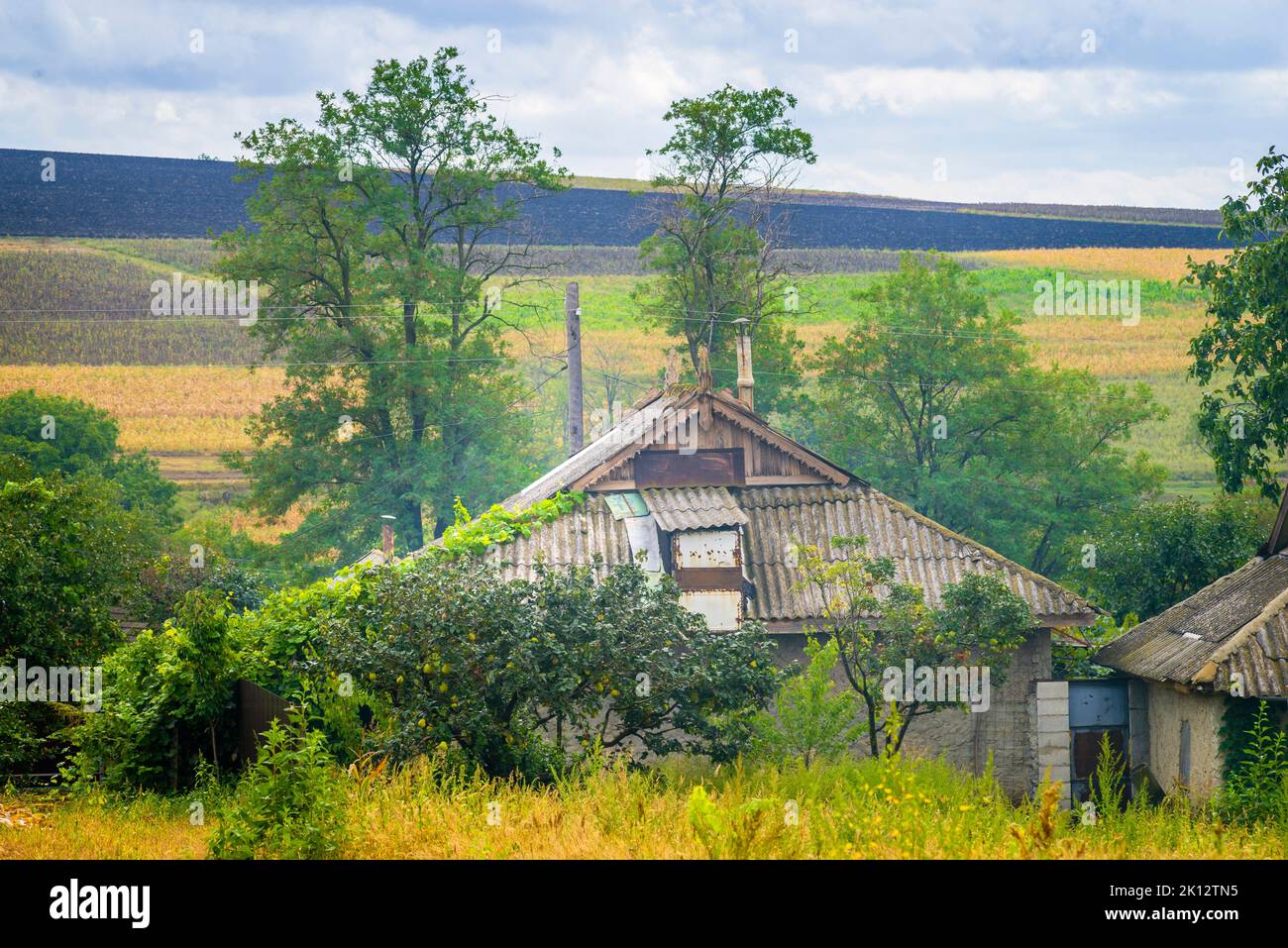 old village house summer scenic landscape green smoke fire roof ...