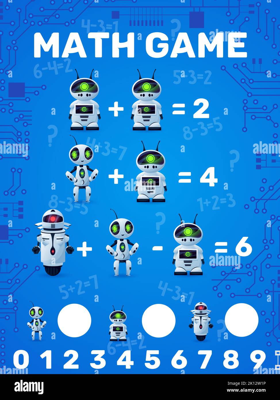 Math game worksheet. Cartoon robots and droids with motherboard lines ...