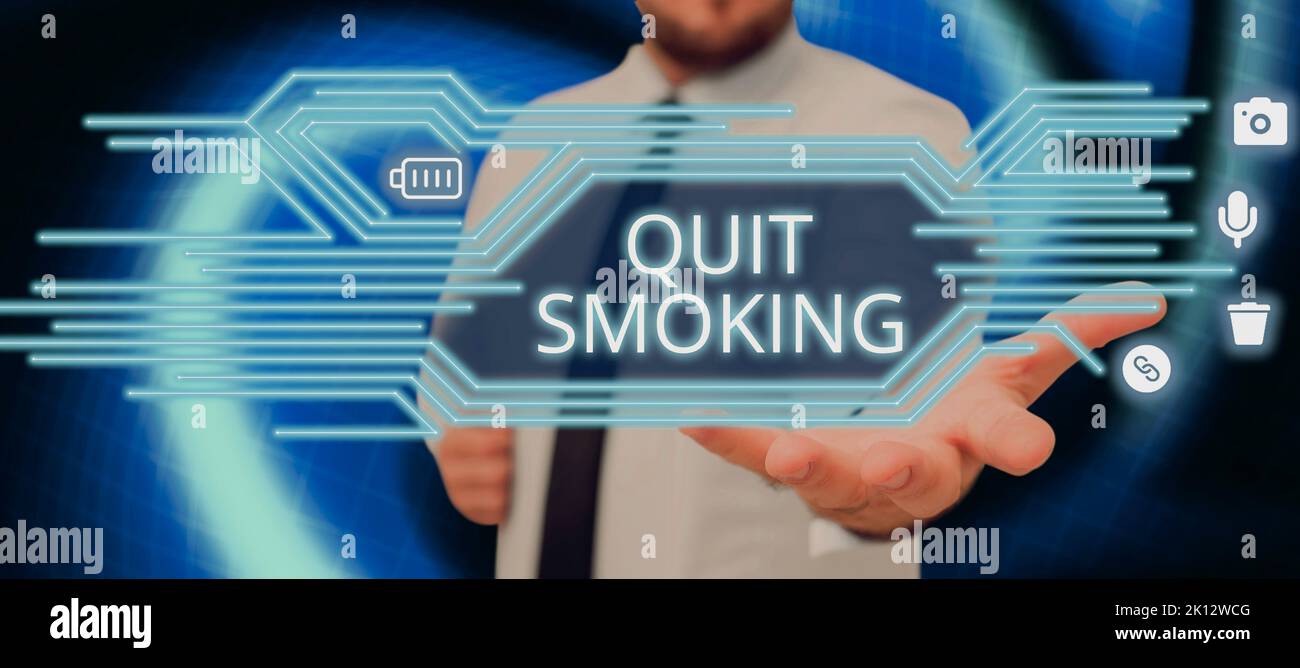 Hand writing sign Quit Smoking. Business concept Discontinuing or ...