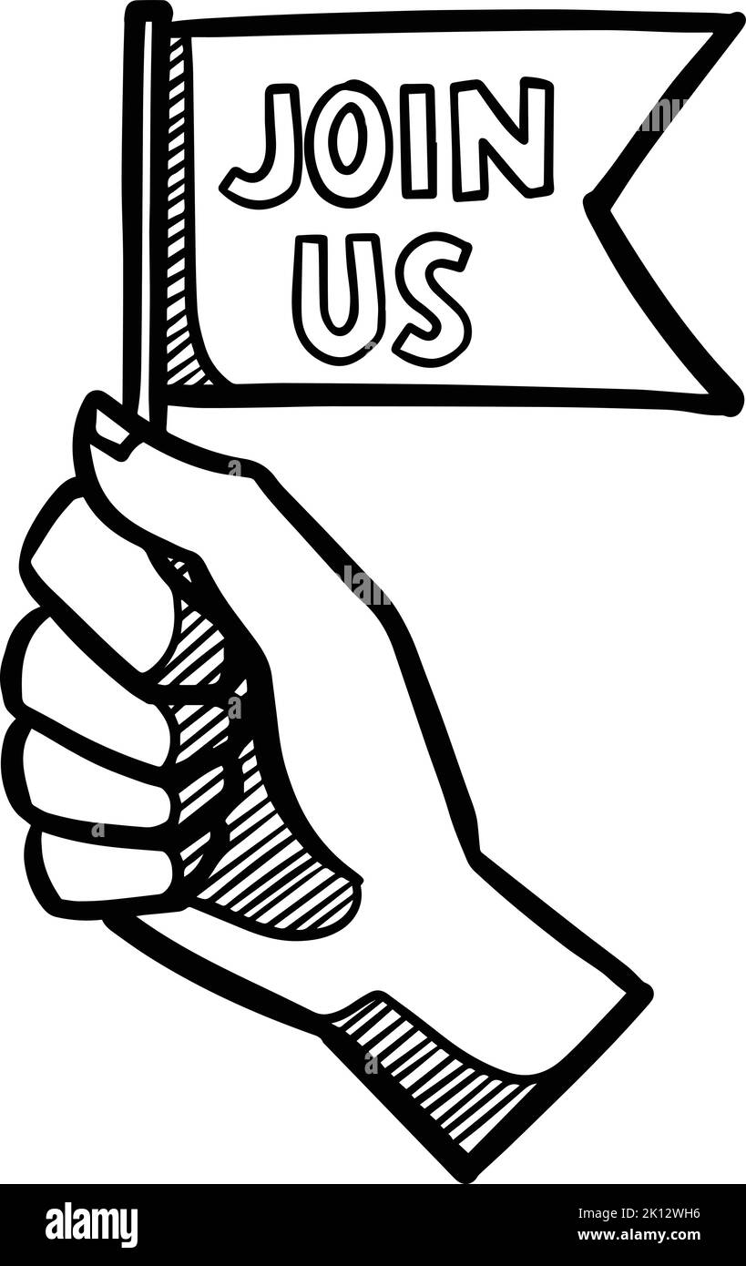Hand holding small flag with text join us. Vector illustration Stock ...