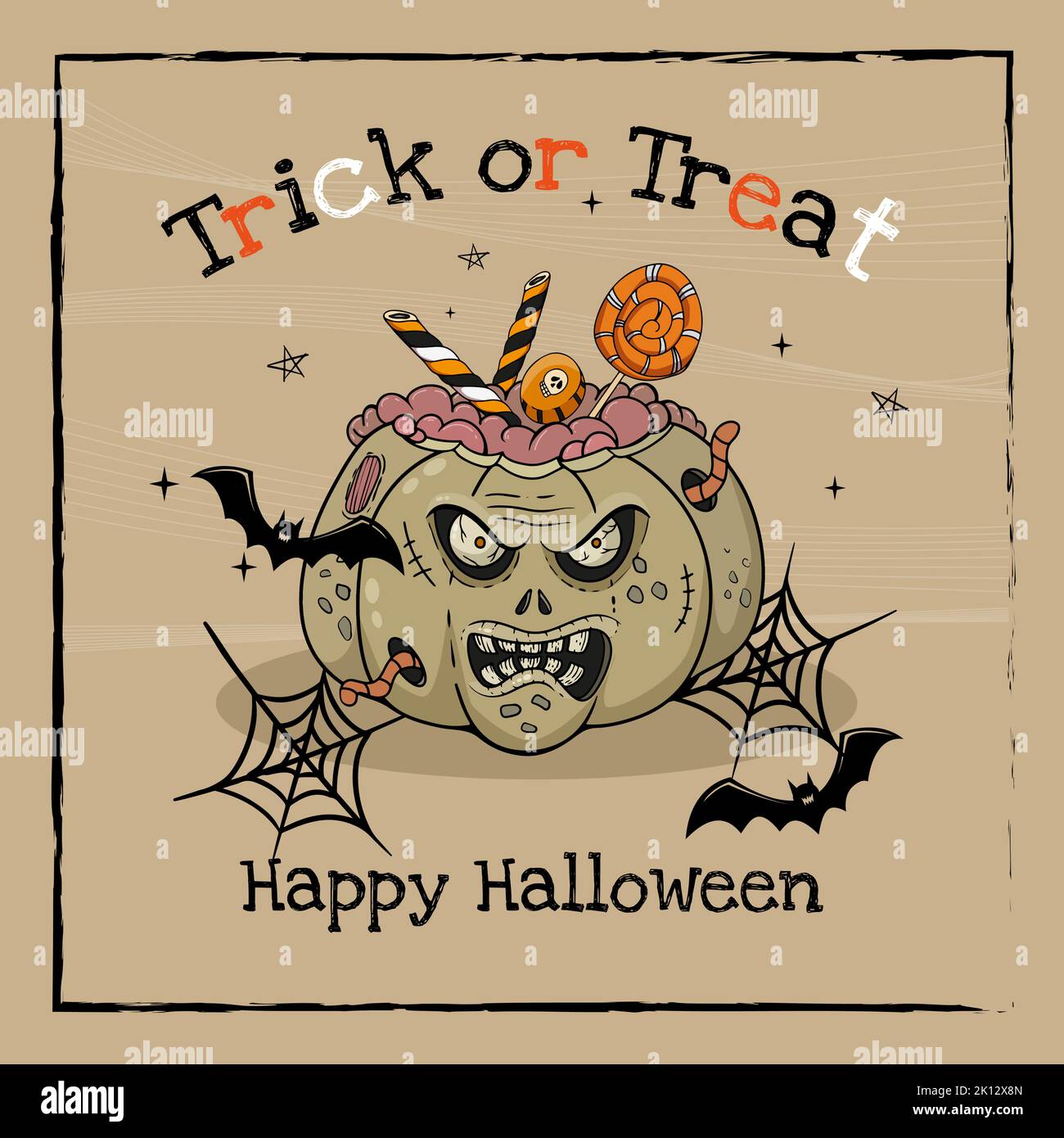 text Trick or Treat and Happy Halloween spider web bats stars and ...