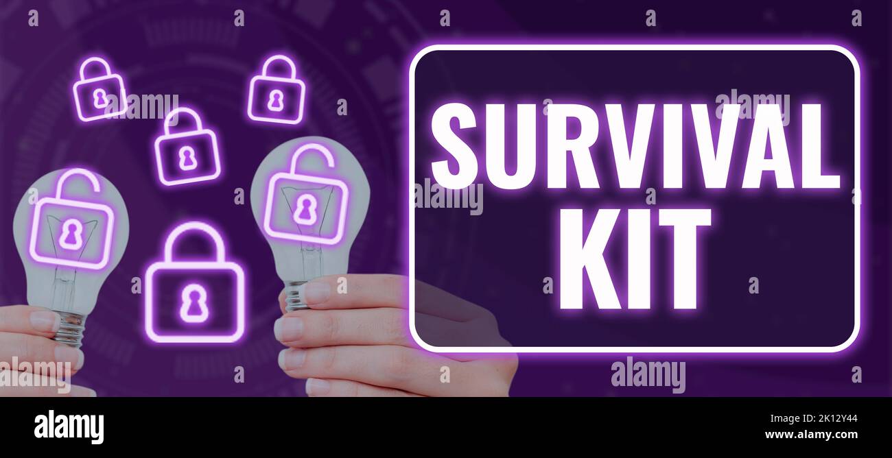 Handwriting text Survival Kit. Word for Emergency Equipment Collection ...