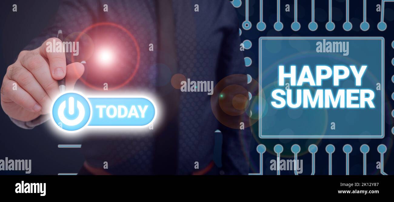Text sign showing Happy Summer. Concept meaning Beaches Sunshine ...