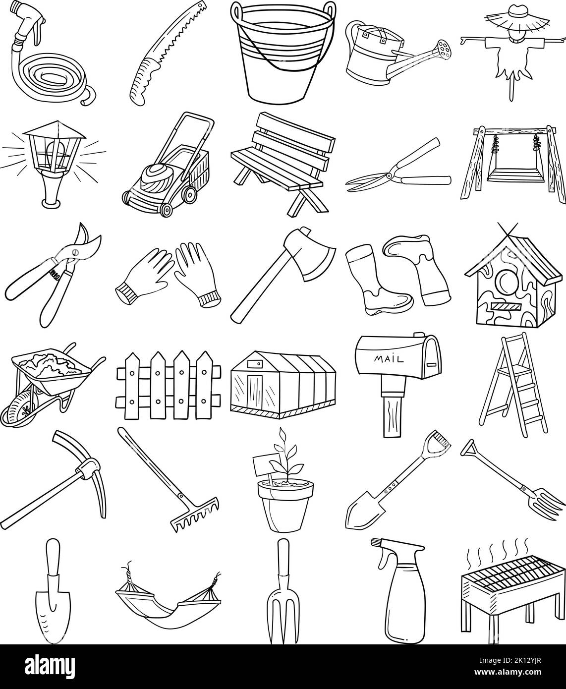 Garden Hand Drawn Doodle Line Art Outline Set Containing Fence, Plant ...