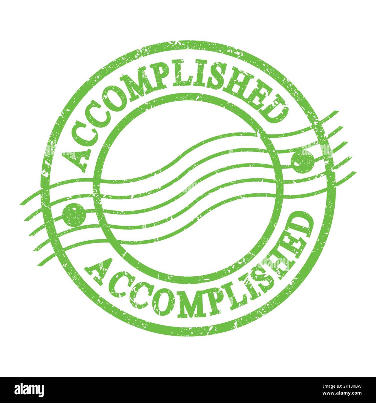 ACCOMPLISHED, text written on green grungy postal stamp Stock Photo - Alamy
