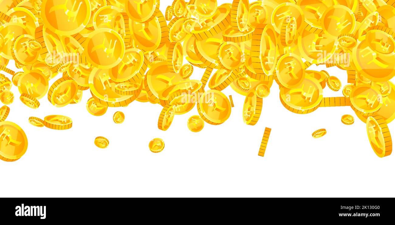 Indian rupee coins falling. Scattered gold INR coins. India money ...