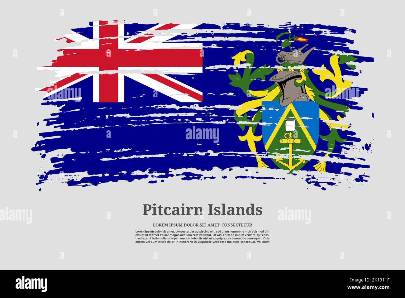 Pitcairn Islands flag with brush stroke effect and information text ...