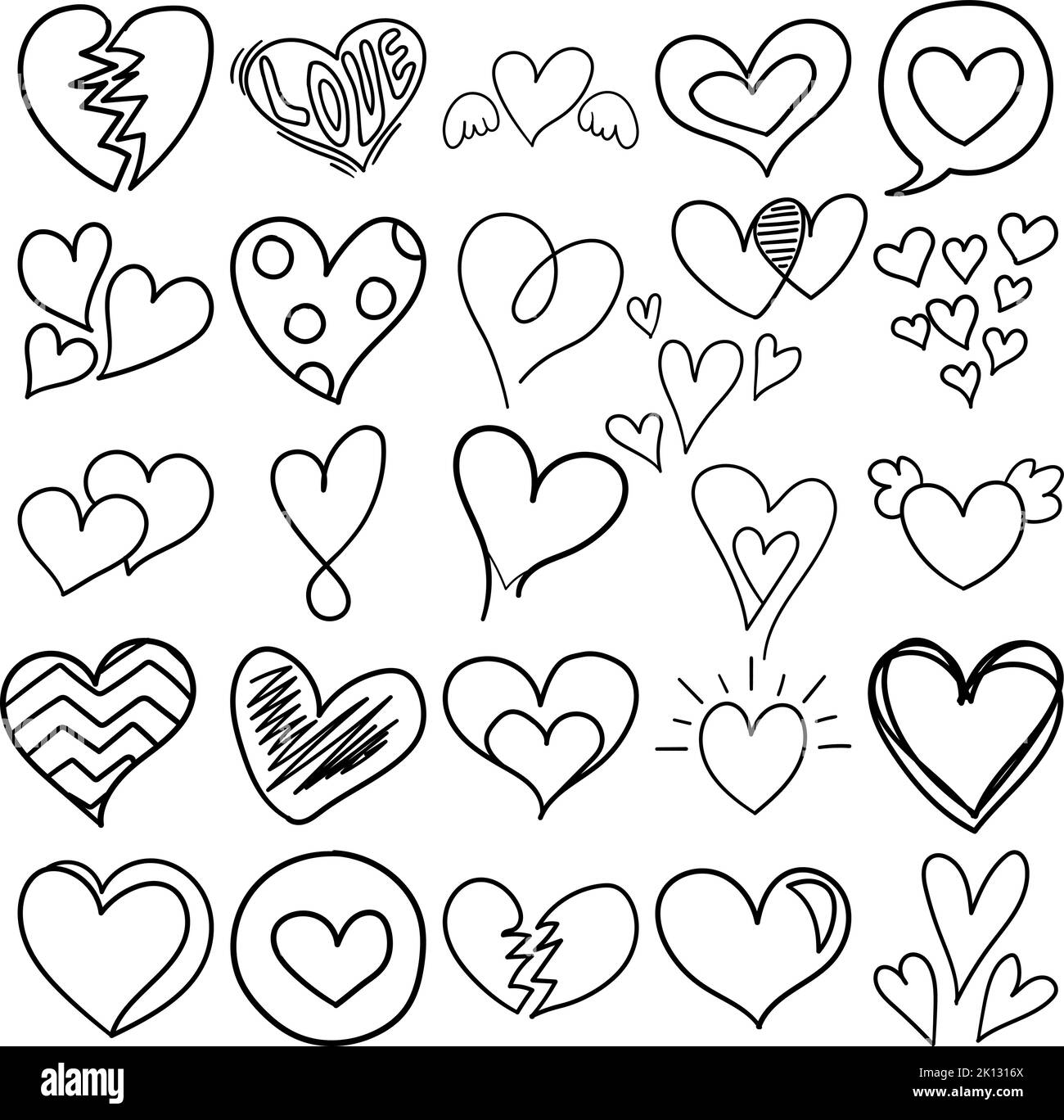 Hearts Hand Drawn Doodle Line Art Outline Set Containing heart, hearts ...